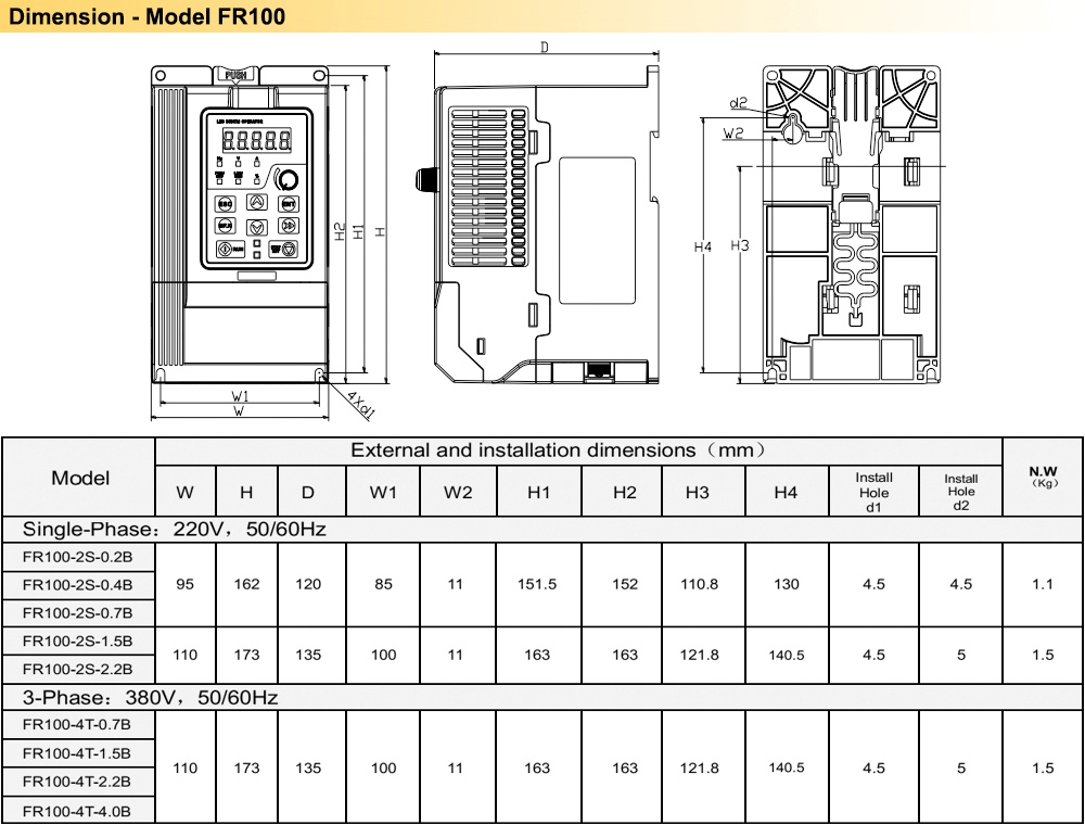 Biến tần cho motor 1 pha Frecon FR100-2S-1.5B 1.5kW 2HP
